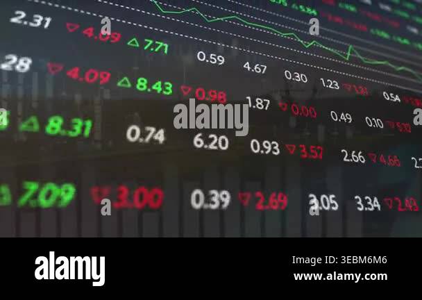Animation of multiple graphs, lens flares and trading board over modern ...
