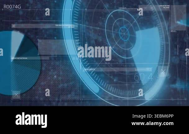 Animation of processing circle, graphs and digital screen. Data ...