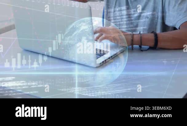Animation of financial data processing and globe over schoolboy using ...