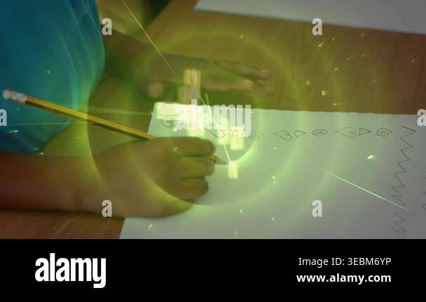 Alphabets floating and spinning against close up of a student hand ...