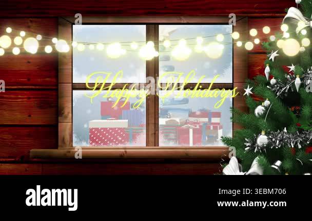 Animation of happy holidays text with fairy lights over window and snow ...