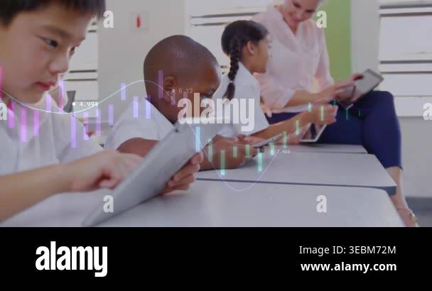 Students and teacher using tablets in bright classroom, showcasing ...