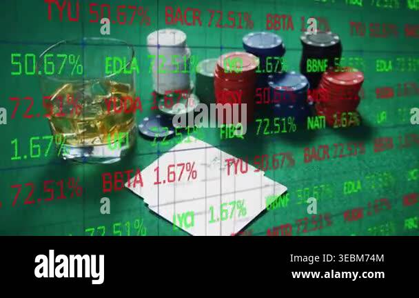 Animation of stock market over playing cards and chips on green ...