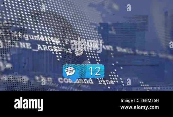 Animation of social media icons with numbers over data processing and ...