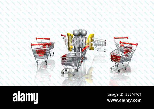 Animation of shapes over shopping carts and currency symbols. Global ...