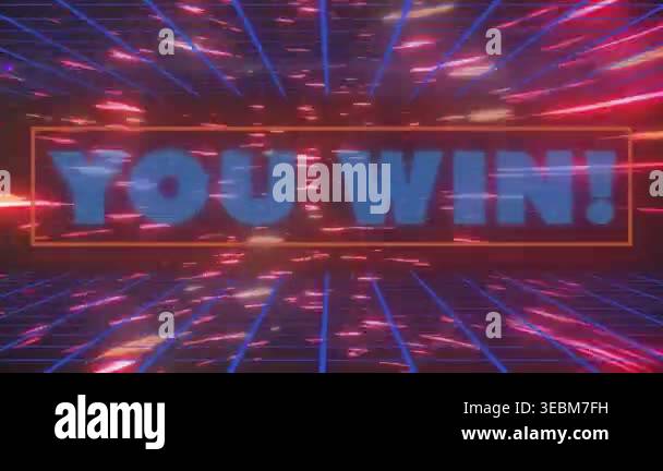 Animation of you win text over neon lines and glowing light trails ...