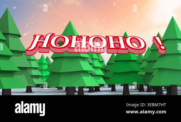 Animation of ho text banner trees on winter landscape against sky ...