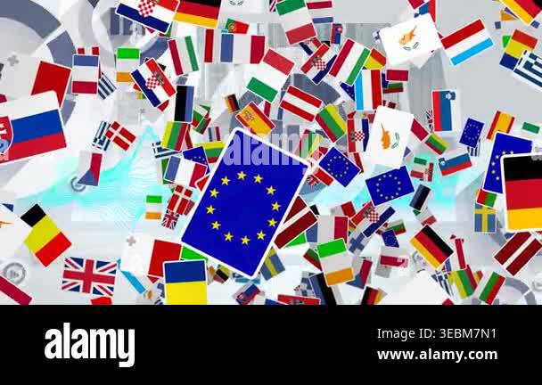 Animation of falling graphs and flags over screen. Global science ...