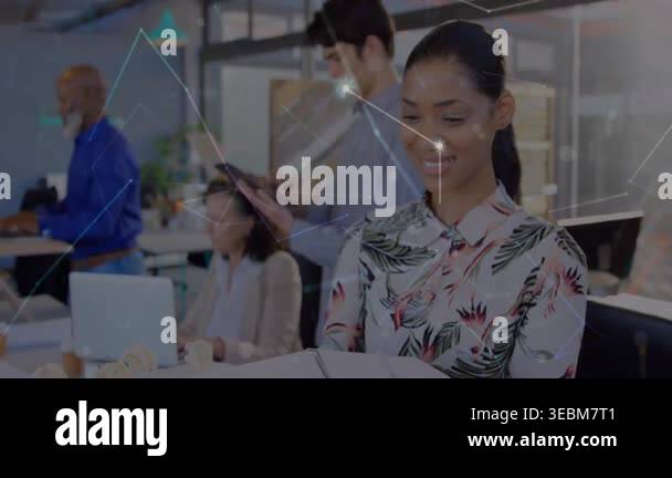 Animation of communication network over happy businesswoman at office ...