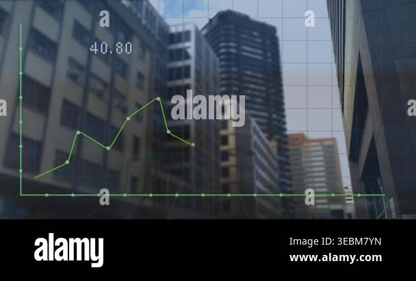 Animation of diagram and data processing over cityscape. Global ...