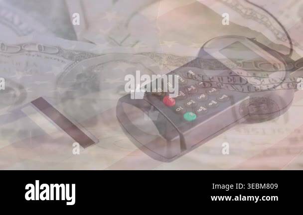 Animation of calculator over flag of usa and banknotes. Global business ...