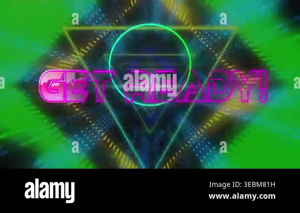 Animation of get ready text banner over neon tunnel in seamless pattern ...