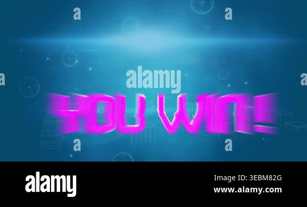 Animation of you win text and city on blue background. social media and ...