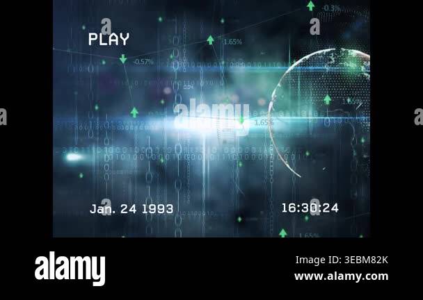 Animation of screen with glitch, binary code and rotating globe. global ...