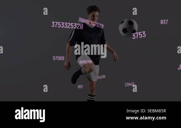 Neon qr code and multiple changing numbers over caucasian male soccer ...