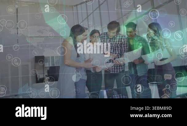 Animation of icons and lights over diverse businesspeople working in ...