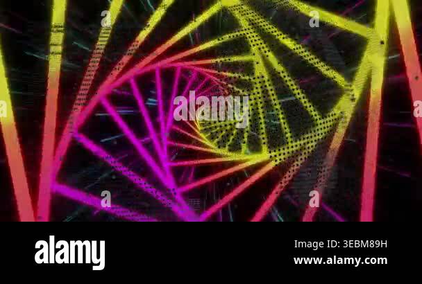 Colorful neon spiral framework animating in 3D digital tunnel with ...