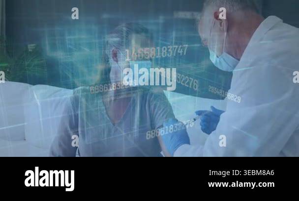 Animation of changing numbers over caucasian male doctor giving an ...