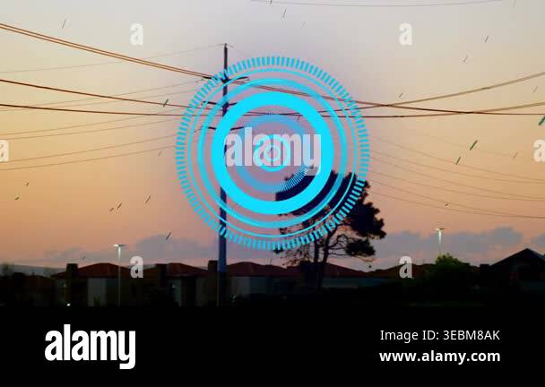 Animation of processing circle over electricity poles at sunset. Global ...