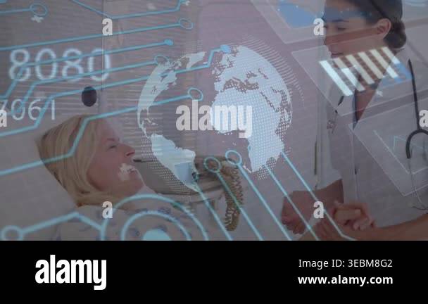 Animation of data processing over caucasian female doctor talking with ...