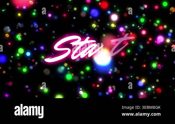 Animation of start text in pink neon letters over spots of light. video ...