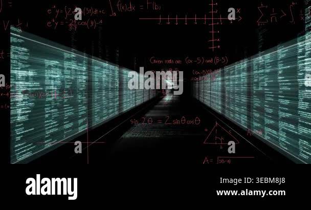 Animation of mathematical equations over data processing on black ...