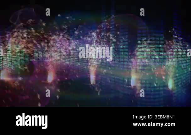Light sparks and digital waves against music equalizer on black ...