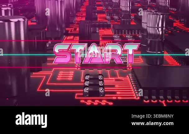 Start over neon start text over neon banner against cityscape on wooden ...