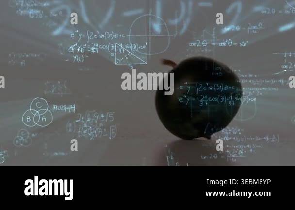 Animation of mathematical equations over blueberry on white background ...