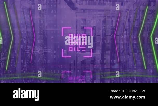 Animation of data processing and qr code over server room. Global ...