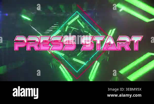 Animation of press start text banner over neon green glowing tunnel ...