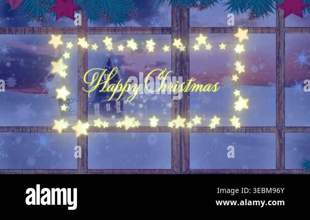 Animation of happy christmas text over glowing fairy light banner ...