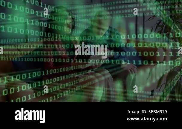 Animation of binary coding over diverse businessman and businesswoman ...