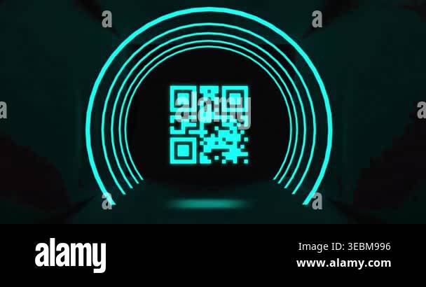 Animation of glowing qr code over neon circles. Global cyber security ...