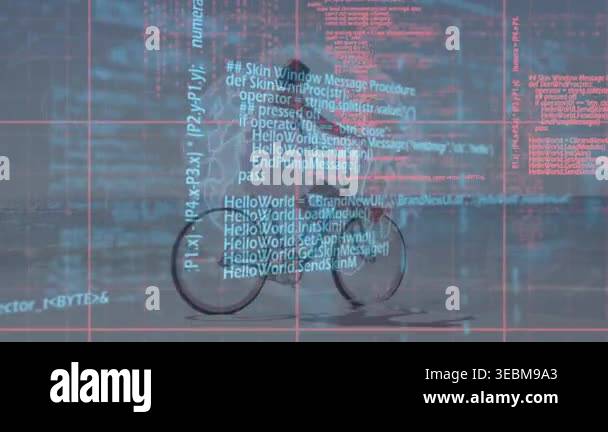 Animation of data processing over caucasian woman cycling on beach ...