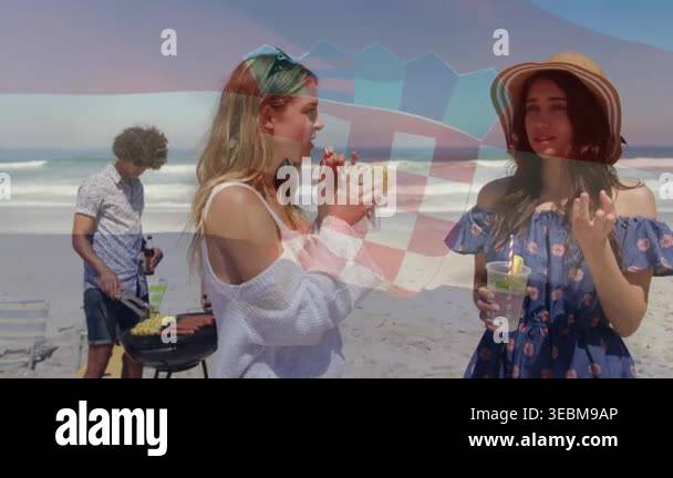 Animation of waving croatia flag over group of diverse friends on the ...