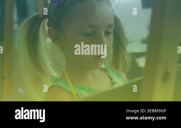 Mathematical equations floating against close up of caucasian girl ...