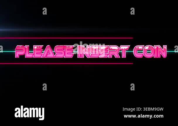 Animation of please insert coin text over light trails on black ...