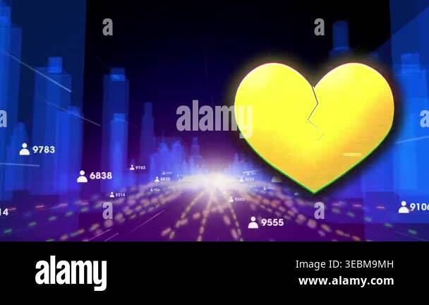 Animation of heart icon over digital city. social media and ...