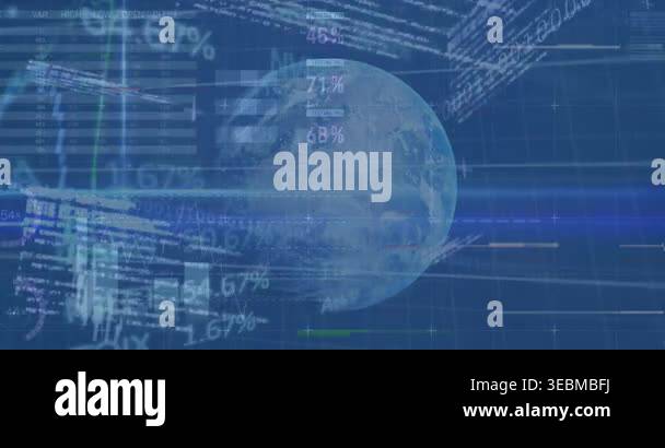 Animation of globe and graphs and financial data over blue space ...
