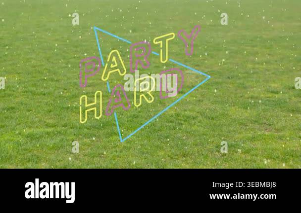 Animation of snow falling over party hard text on green background ...