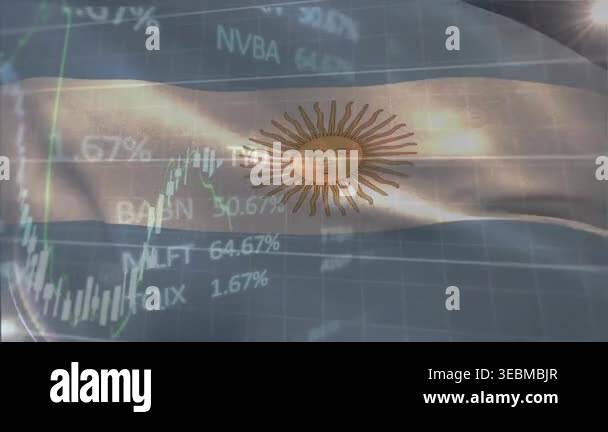 Animation of graph and financial data processing over flag of argentina ...