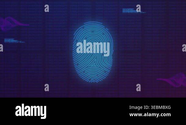 Animation of biometric fingerprint scanner, purple digital wave and ...