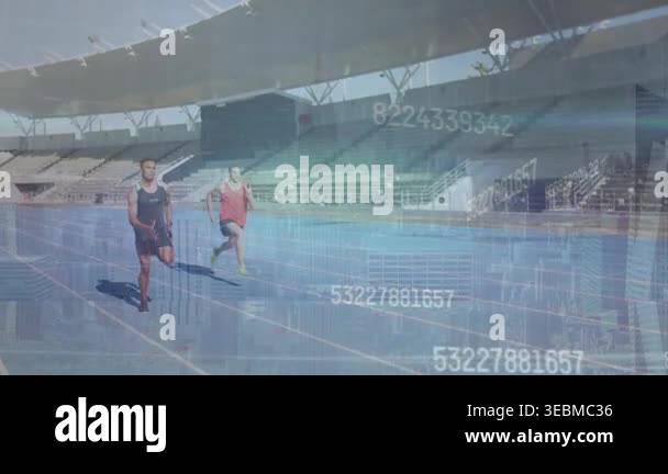 Animation of graphs and data processing over rugby player holding ball ...