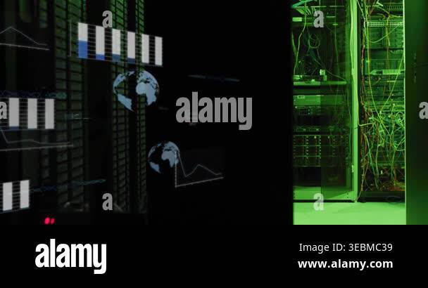 Animation of data processing and diagrams with globes over server room ...