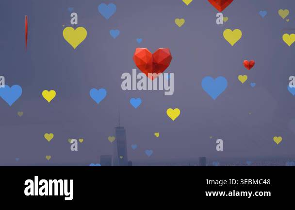 Animation of heart icons over building. Global business and digital ...