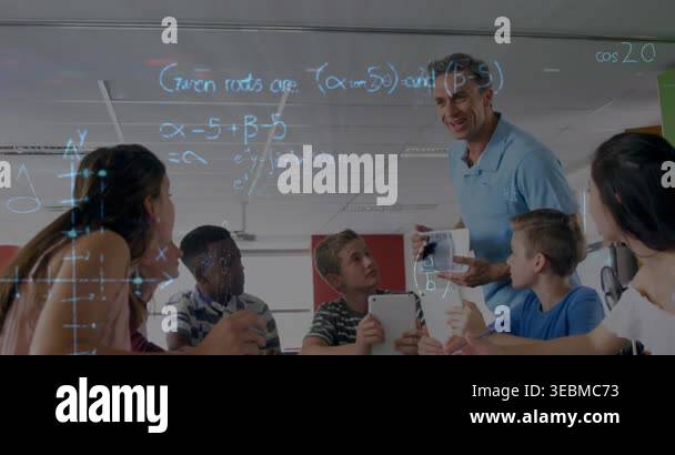 Animation of math formulas moving over diverse male teacher and pupils ...