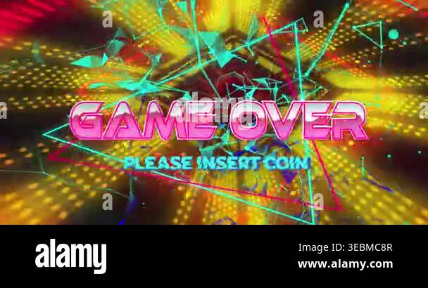Animation of game over text over digital tunnel. Retro future and ...