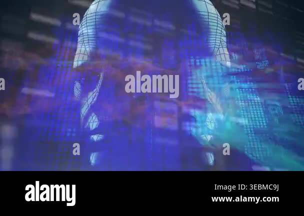 Animation of digital human head over grid and squares. global data ...