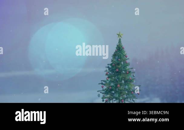 Animation of snow falling over christmas tree and decorations in winter ...
